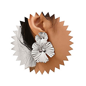 Sttiafay Vintage Exaggerated Lotus Leaf Earrings Round Leaf Drop Earrings Silver Large Metal Flower Earrings Metal Statement Flower Earrings Jewelry for Women and Girls