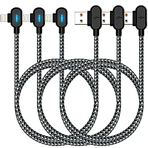 Exeric iPhone Charger Cable, 3Pack LED Right Angle Lightning Cable 90 Degree Nylon Braided Charging Cord Gaming USB Charging/Sync Compatible with iPhone13/12/11/XR/X/8 8Plus/7/7 Plus/6(10FT)
