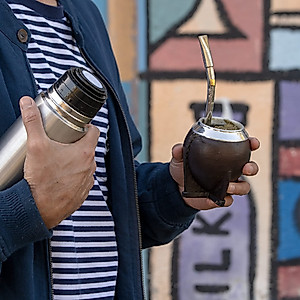 thebmate [Premium Yerba Mate Cup (Mate Gourd) - Crafted Ceramic Teacup – Dark Brown Leather Wrapped Handmade in Uruguay - Mate Torpedo - Torpedo Style