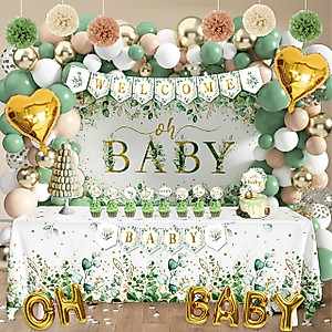 Sage Green Baby Shower Decoration for Girl Boy 99Pcs, Boho Greency Neutral Party Supplies with Oh Baby Backdrop Tablecloth Balloon Garland Kit for Woodland Safari Gender Reveal Party Decor