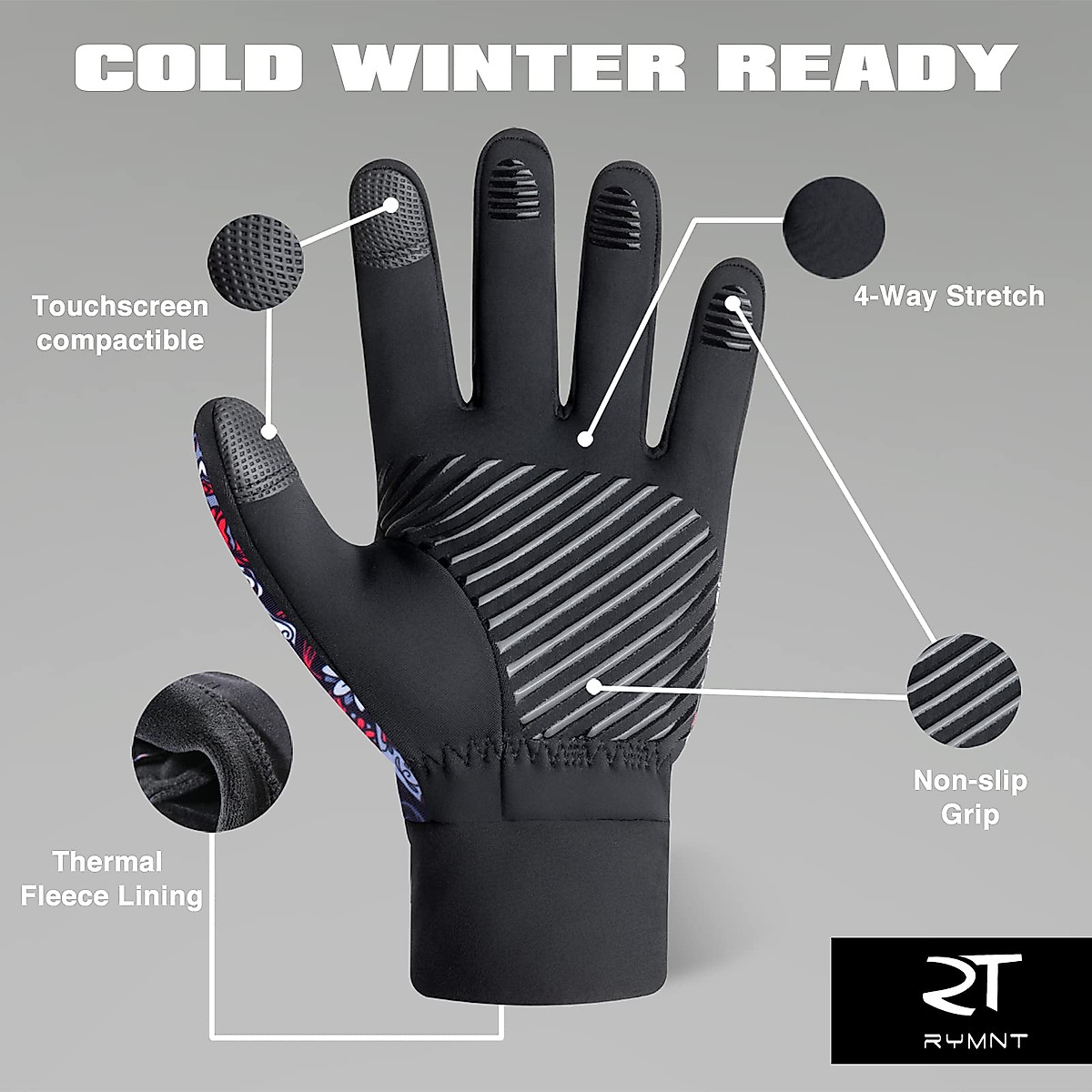 RYMNT Winter Gloves with Touch screen, Lightweight Texting Thermal Gloves with Anti-Slip, Water Resistant for Workout, Hiking, Running, Cycling, Driving, Outdoor Camping and Daily Working.Skull-Medium