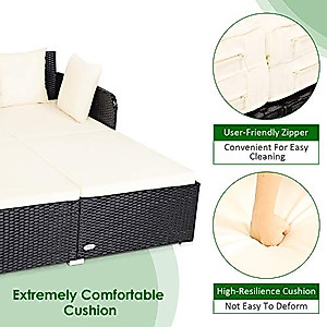 Tangkula Outdoor Rattan Daybed, Sunbed Wicker Furniture w/Spacious Seat, Upholstered Cushion & High-Resilience Sponge, Wicker Patio Sofa Set w/Extra Pillows for Courtyard Poolside(White)