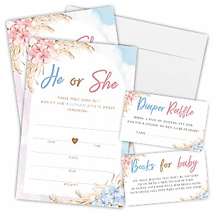 JCVUK Set of 25 Baby Shower Invitations with Envelopes, BOHO Diaper Raffle Tickets and Baby Shower Book Request Cards, Pampas Grass Bohemian Theme Gender Reveal Party For Boys or Girls(YQKTZ-A01)