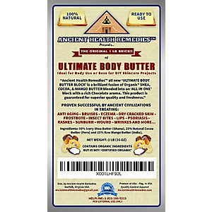 Ancient Health Remedies Organic Shea, Cocoa, Mango Butter ULTIMATE BODY BUTTER BLOCK 1 LB (16 oz) Raw, Unrefined Skincare Ingredient for Homemade DIY Lotion Making, Baby Care and Hand Cream (USA)