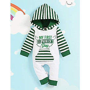 WALSONER My First St Patrick's Outfit Baby Boy Stripe Hooded Romper Bodysuit St.Patrick's Day Clothes 6-9 Months