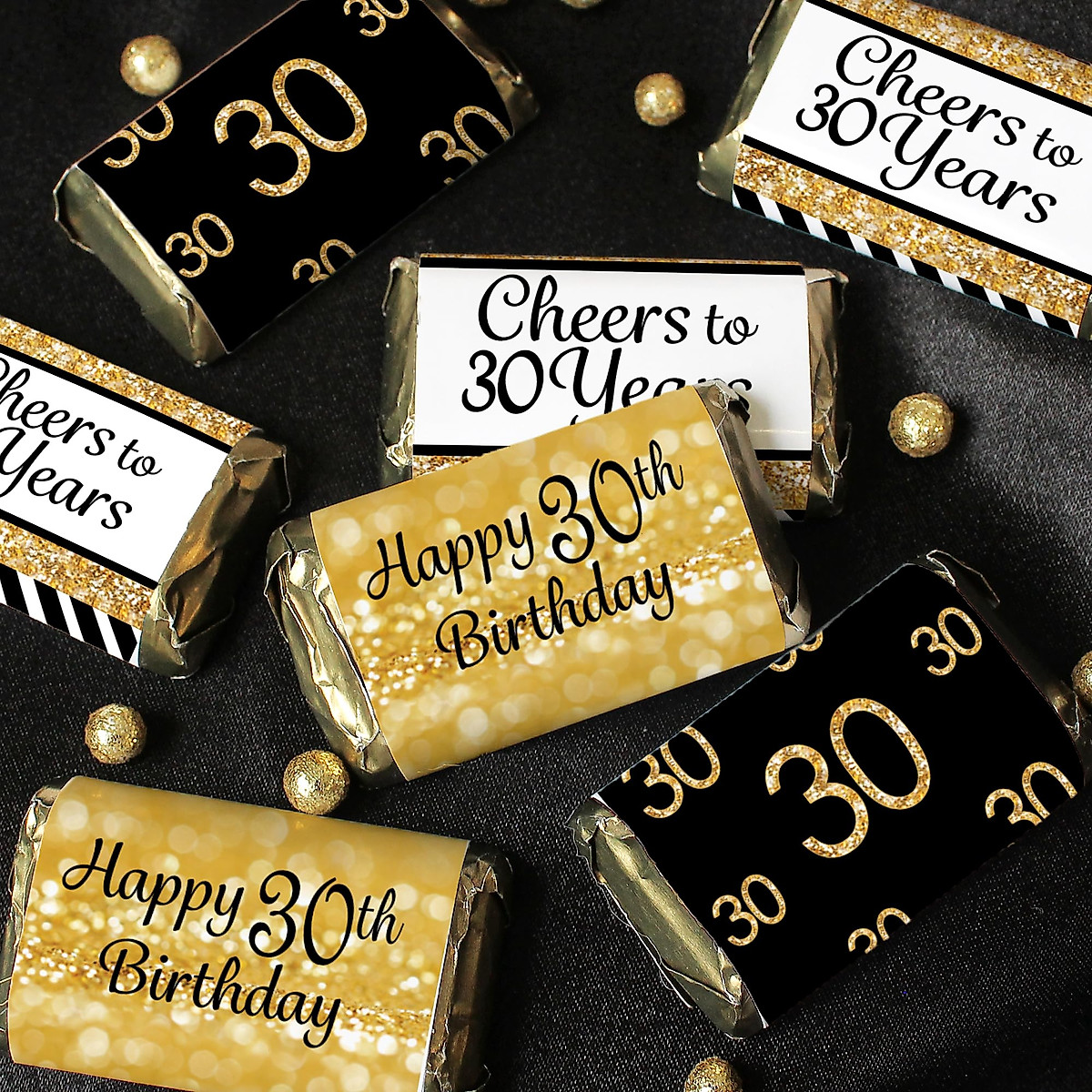 Black and Gold 30th Birthday Party Mini Candy Bar Wrappers - 45 Stickers