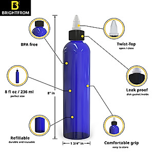 BRIGHTFROM Twist Top Applicator Bottles, 8 OZ, Squeeze Empty Plastic Bottles, Black Nozzle, BPA-Free, PET, Refillable, Open/Close Nozzle - Multi Purpose (Blue)