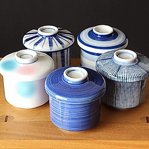 IPPINKA Japanese Porcelain Chawanmushi Cup with Lid, Seto-mono, Made in Japan, 105cc, Blue Hakeme Stripe