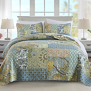 NEWLAKE Bohemian Floral Pattern Bedspread Quilt Set with Real Stitched Embroidery,Queen Size