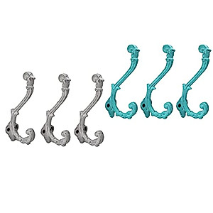 Wall Hooks, Cast Iron, Rustic Chic Shabby Vintage Style, Farmhouse Decor, Clothes Hanging Idea for Hats, Coats, Scarves, Bags Closets, Rustic Key Hooks, (Set of 3) (Distress White) & Green