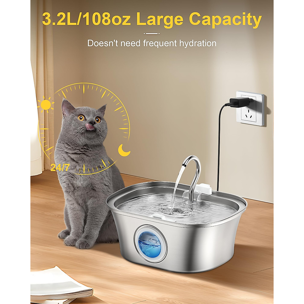 Stainless Steel Cat Water Fountain, 108oz/3.2L Automatic Pet Fountain Dog Water Dispenser & Pet Water Bowl Cat Drinking Water Fountain with Ultra-Quiet Pump for Cat Feeding & Watering Supplies