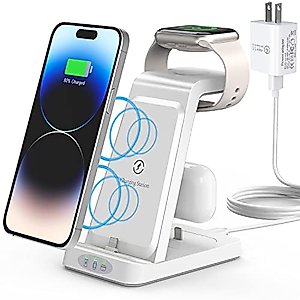 Bauhoo Charger Station for Apple Multiple Devices, 3 in 1 Fast Wireless Charging Dock Stand Watch 8 7 6 SE 5 4 2 iPhone 14 13 12 11 Pro X Max XS XR Plus 6s AirPods with Adapter, White (Z12)