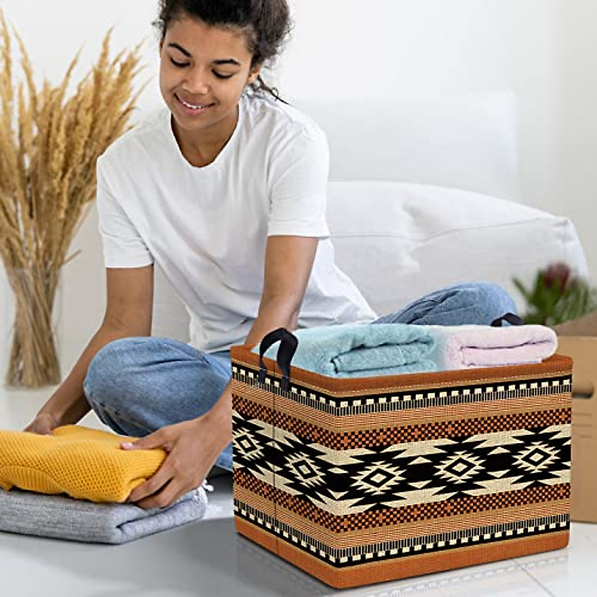 Clastyle Rectangle Brown National Geometric Storage Baskets Collapsible Waterproof Ethnic Style Clothes Storage Bin for Bedroom, 15.7 * 11.8 * 11.8 in