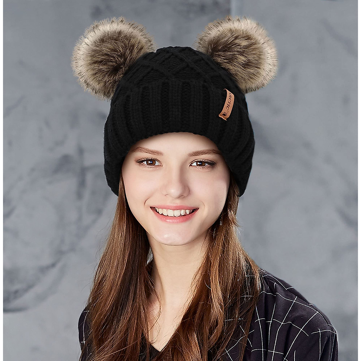 Arctic Paw Women Winter Beanie Fleece Lined Pom Pom Beanie Hat Black Hat Coffee Ball