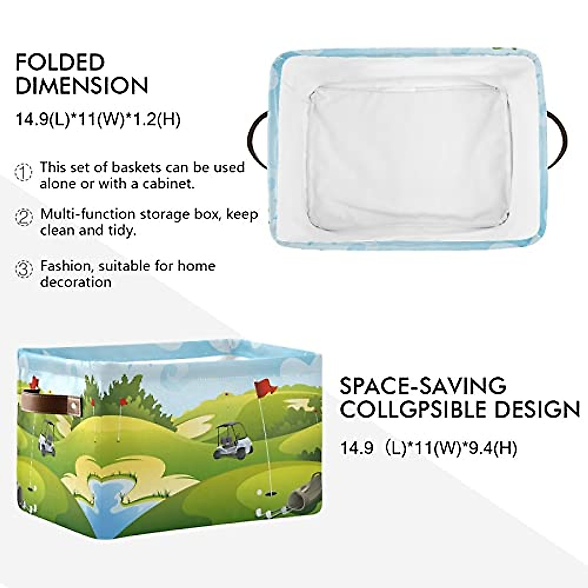 TropicalLife Rectangular Storage Bin Cube Sport Ball Club Golf Theme Foldable Organizer Basket with Handles, Collapsible Storage Box for Kids Toy Shelf Closet Nursery