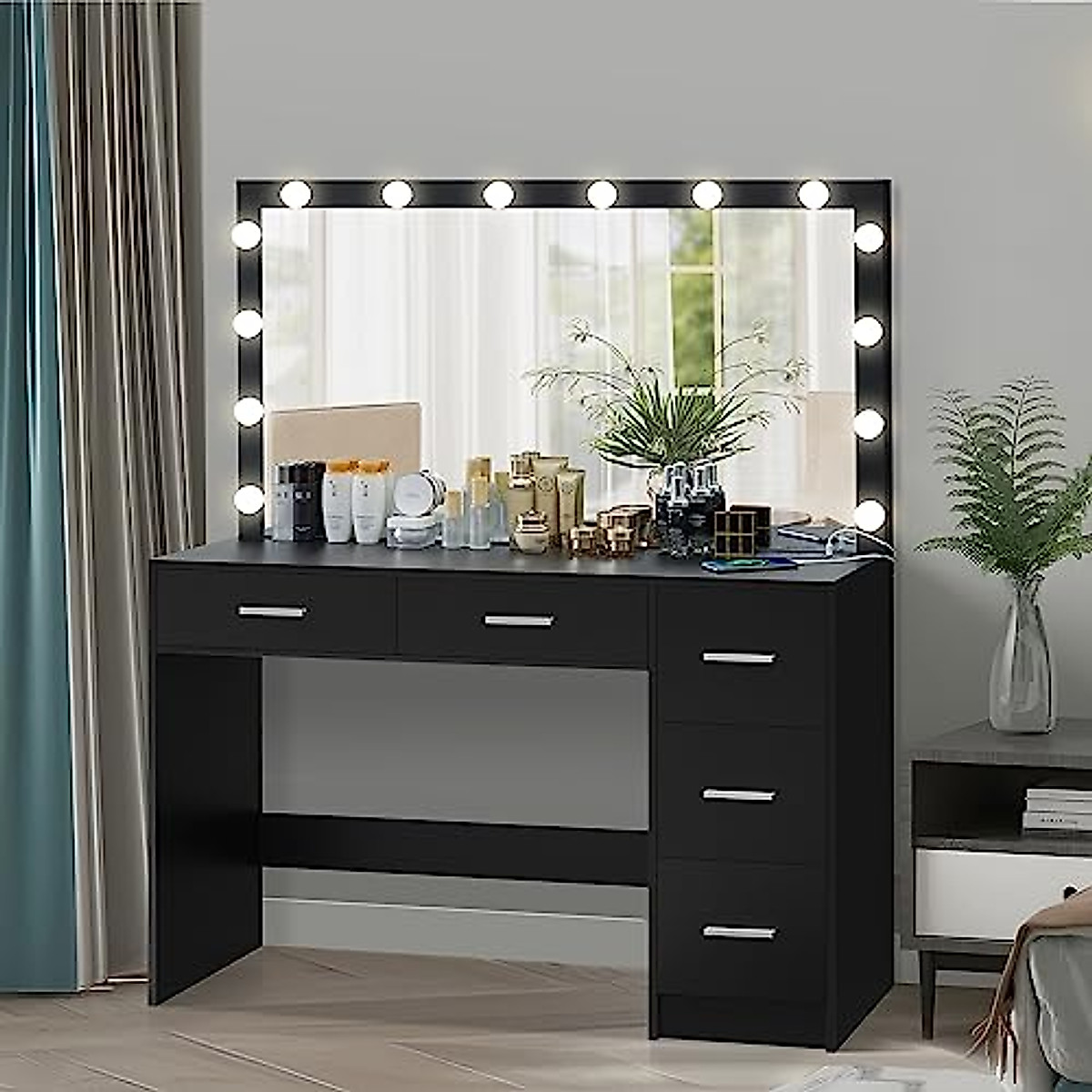 usikey 47.2" Large Vanity Desk with Large Lighted Mirror, 14 Lights, Makeup Vanity Table with 5 Large Drawers & Charging Station, Makeup Vanity Desk, Vanity Table Set for Bedroom, Black