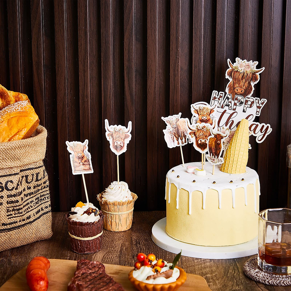 Tanlade 25 Pcs Highland Cow Cake Topper and Highland Cow Cupcake Topper, Highland Cow Birthday Decorations Highland Cattle Cake Decorations for Farm Animal Zoo Boy Girl Birthday Party Decor