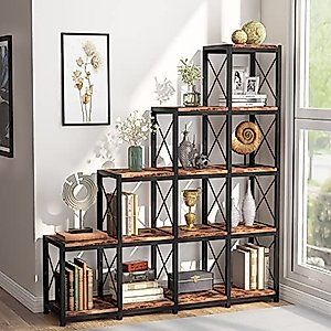 PAKASEPT 14 Shelves Bookshelf, Ladder Corner Bookshelf, Industrial Vintage Bookshelf, Rustic 5-Tier Display Shelf Storage Organizer for Home Office Living Room