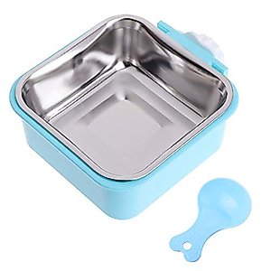 Crate Dog Bowl, Removable Stainless Steel Water Food Feeder Bowls Hanging Pet Cage Bowl Cage Coop Cup for Dogs Cats Puppy Rabbits Bird and Small Pets (Large (Pack of 1), Square Blue)