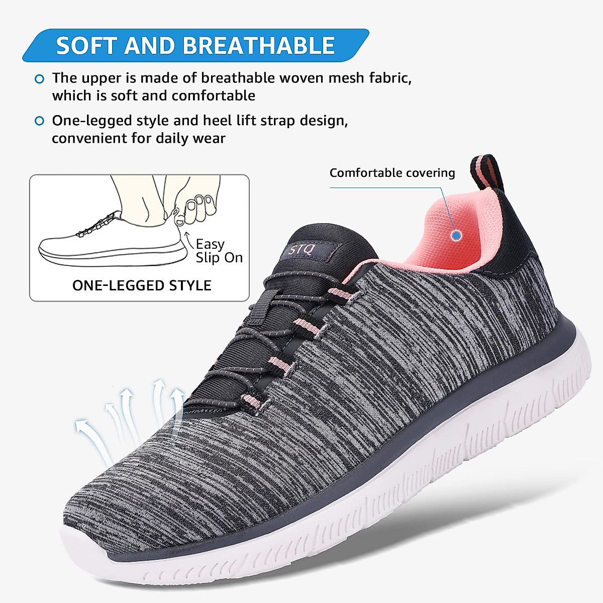 STQ Slip On Fashion Sneakers for Women Lightweight Walking Breathable Non Slip for Gym Workout Comfortable Grey Aque 7.5