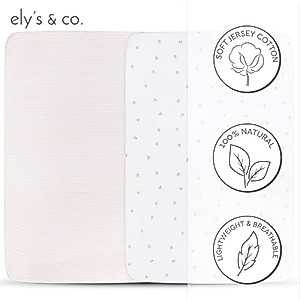 Pack and Play Sheet 2 Pack - Pack and Play Sheets Fitted with 100% Jersey Cotton - Pack N Play Mattress Sheets for Boys and Girls, Newborn Essentials (Pink Tulips & Stripes)