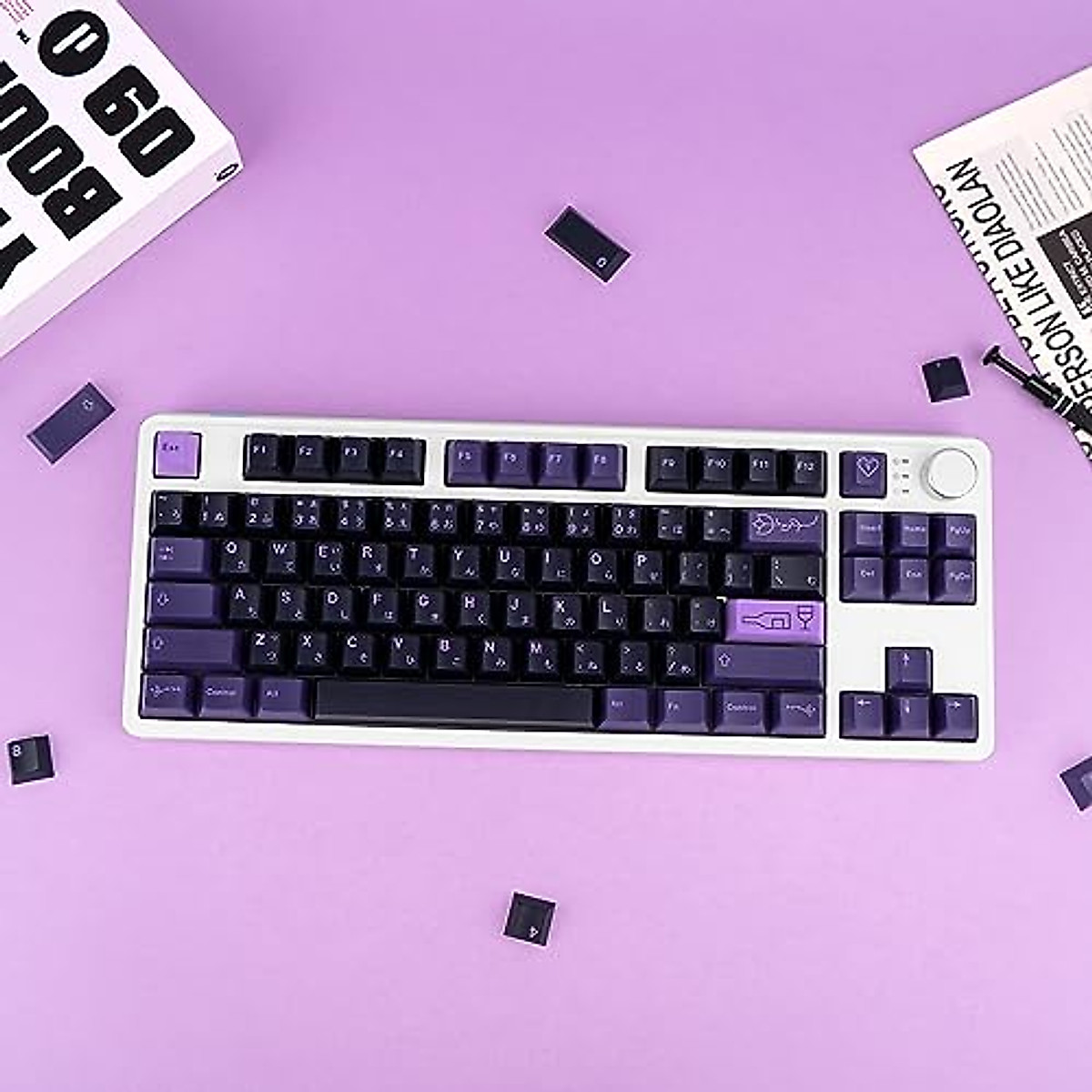JOLINTAL 129 Keys Japanese Purple Keycaps, Custom Cherry Profile Keycaps, PBT Purple Keycaps Set, Dye Sublimation Mystery Cherry MX Switch Keycaps for Mechanical Keyboard (First Love)
