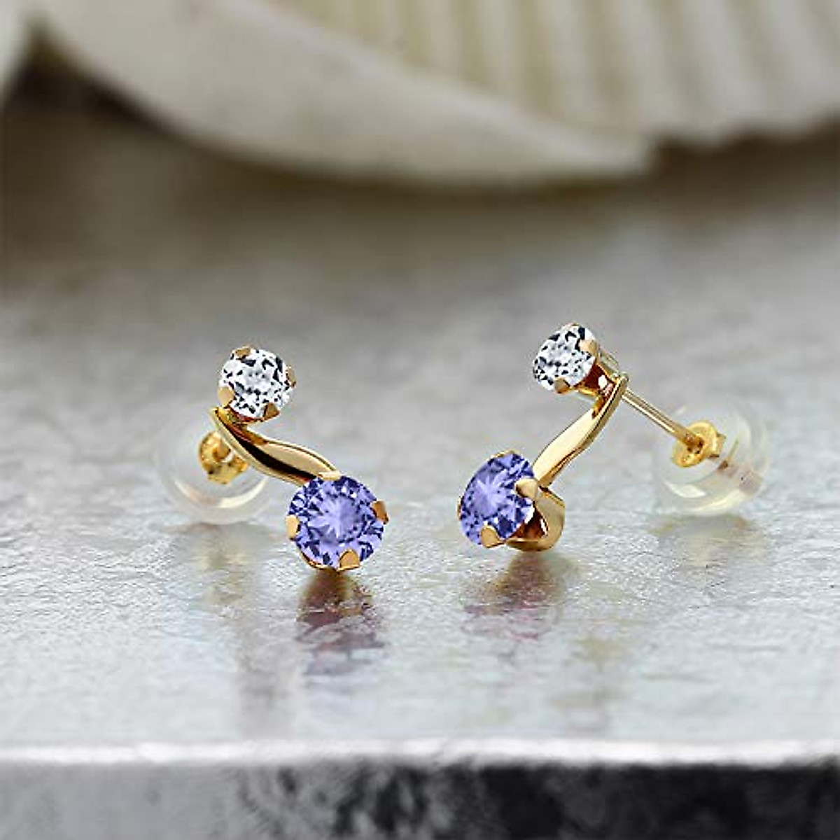 Gem Stone King 14K Yellow Gold Blue Tanzanite and White Topaz Earrings | 0.88 Cttw | Gemstone Birthstone | Round 4MM and 3MM | Gold Earrings For Women