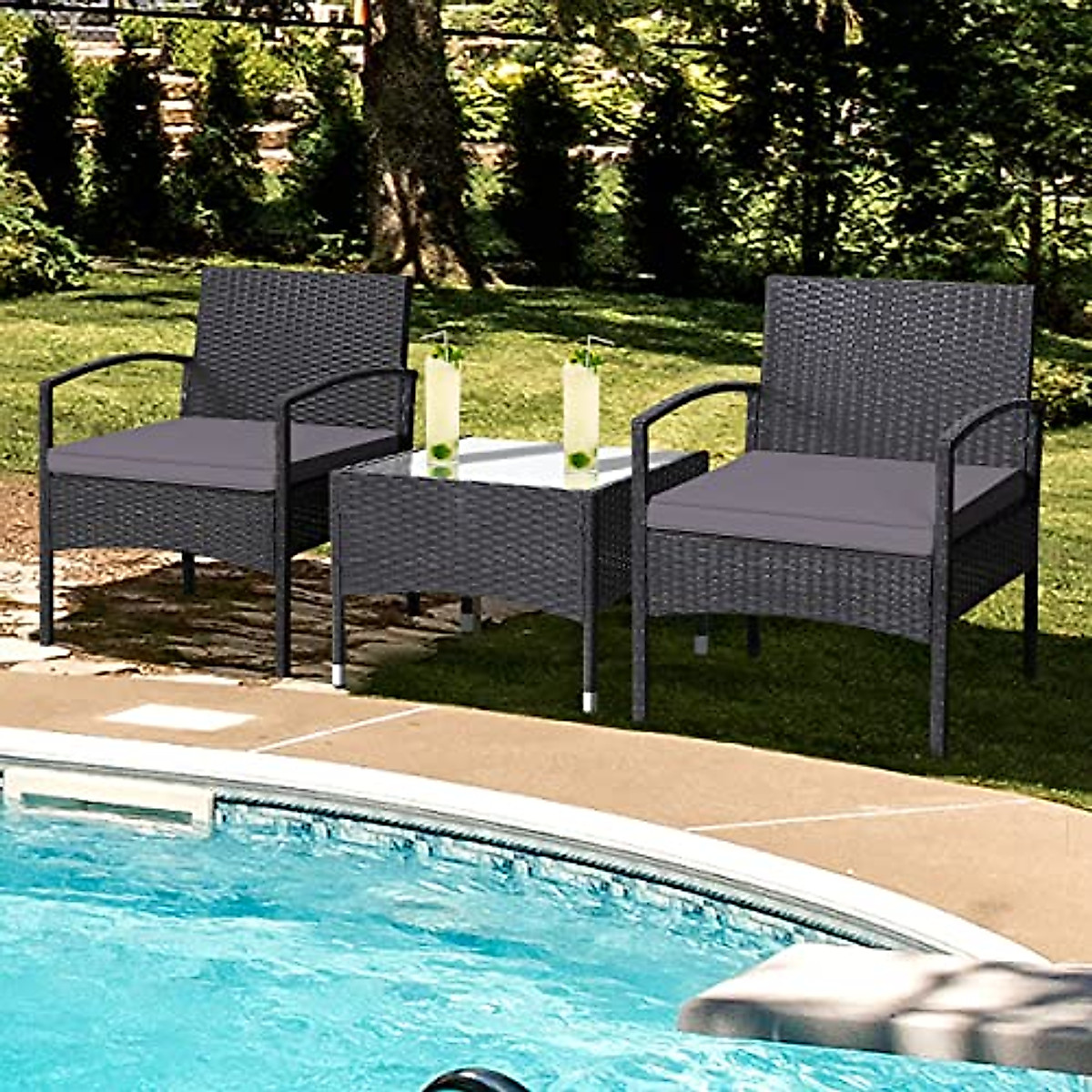RELAX4LIFE 3-Piece Patio Furniture Set - Rattan Conversation Set, Wicker Bistro Set W/ 2 Chairs, Glass Table, Steel Frame, Outdoor Chairs Set for Backyard, Balcony, Front Porch Furniture(Gray)
