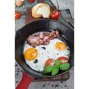 Crucible Cookware Cast Iron Skillets, Set Of 4 (Pre-seasoned) 10 Inch - 5.1 Inch, Including Large & Small Silicone Hot Handle Holders | Indoor & Outdoor Use