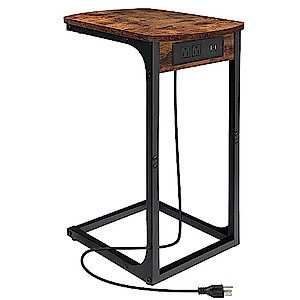 Hzuaneri L Shaped End Table with Charging Station, Bed Side Table with USB Port & Outlet, Couch Table, C Snack Table for Living Room, Bedroom, Rustic Brown and Black ET04901B