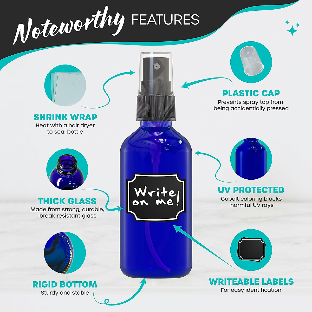 Nevlers 24PK Blue Glass Spray Bottles 2 Oz Set | Glass Spray Bottles w/Shrink Wrap, Labels & More | Small Spray Bottle For Use as Perfume Spray Bottle, Spray Bottle for Oil & Alcohol Spray Bottle