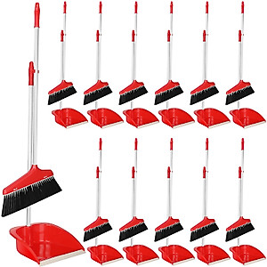 WILLBOND 12 Set Broom and Dustpan Set, Long Handle Broom with Upright Standing Dustpan, Broom with Dustpan Combo Set for Outdoor Kitchen Lobby Office Floor Cleaning (Red)