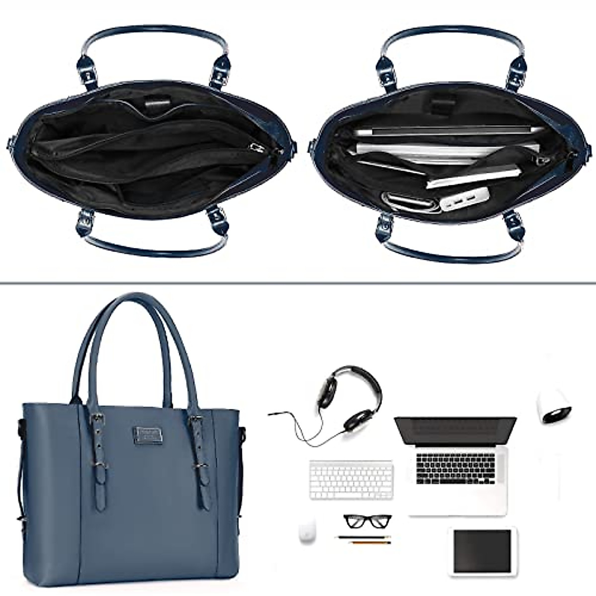 MOSISO PU Leather Laptop Tote Bag for Women (17-17.3 inch), Peacock Blue