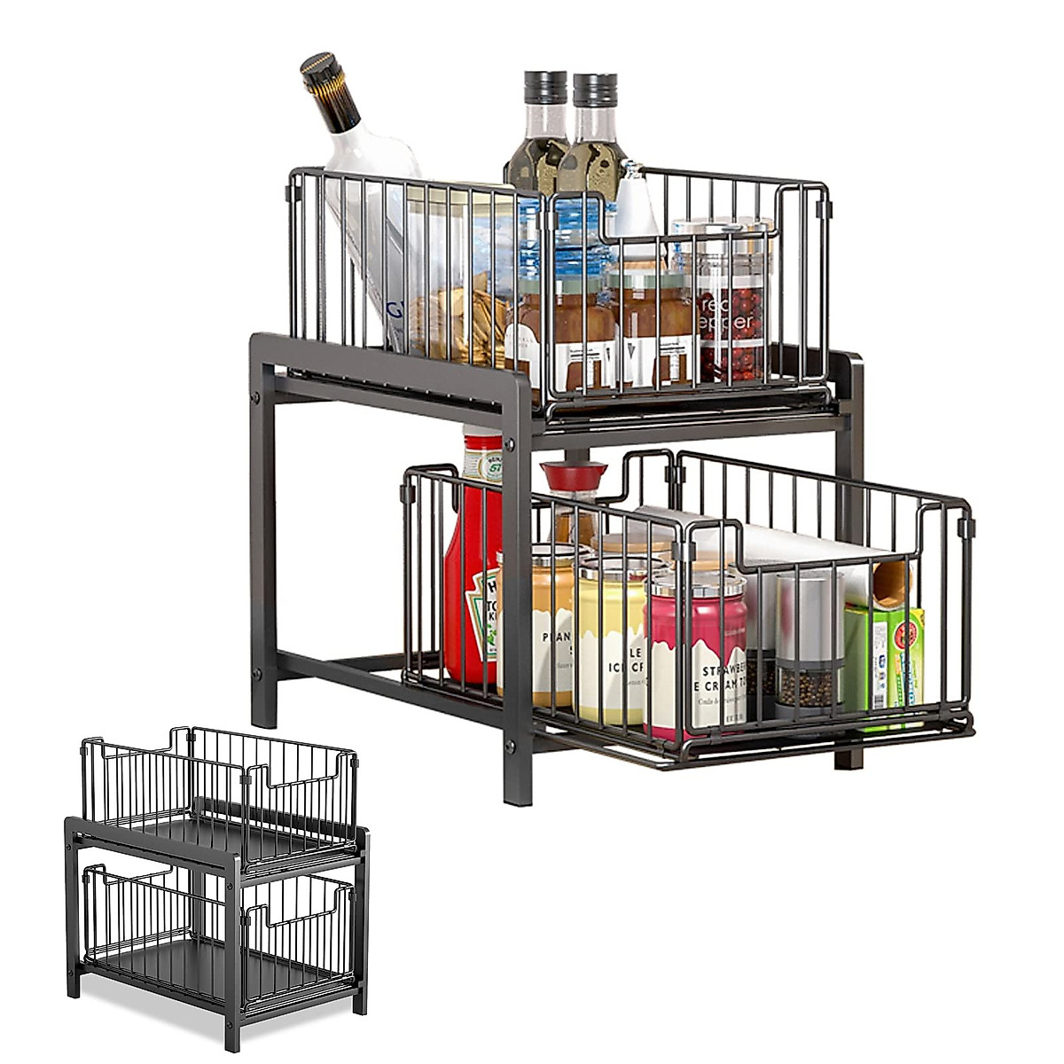 YTDTKJ 2 Tier Under Sink Organzier, Pull Out Cabinets Organizer Shelf Baskets, Stackable Sliding Cabinet Organizer for Kitchen, Pantry, Under The Sink, Cabinet, Bathroom, Black