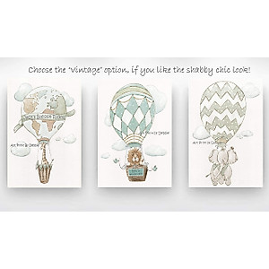 Personalized Set Of 3 Safari Animals In Hot Air Balloon Thick Wrapped Canvases, Baby Giraffe, Lion & Elephant, Custom Name Artwork Gift, 5 Sizes