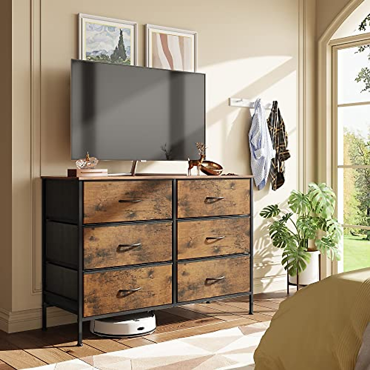 WLIVE Wide Dresser with 6 Drawers, TV Stand for 50" TV, Entertainment Center with Metal Frame, Wooden Top, Fabric Storage Dresser for Bedroom, Hallway, Entryway, Rustic Brown Wood Grain Print