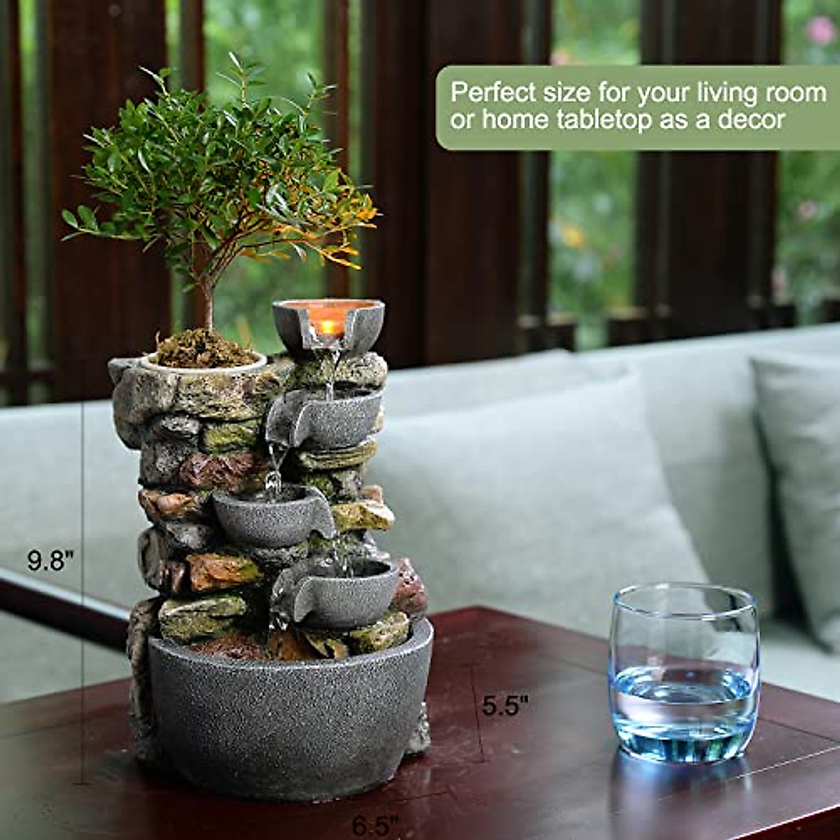 Haobos Indoor Fountain 4-Bowl Rockery Soothing Sound Tabletop Fountains Home/Office Decor with a Small Plastic Pot to Grow The Plant by Yourself(Automatic Watering)(22023)