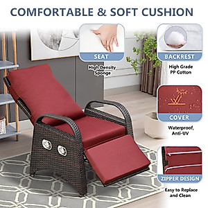 Skypatio Outdoor Patio Recliner Chair, Independently Adjustable Backrest and Footrest All-Weather Wicker Patio Reclining Lounge Chair with Flip Side Table, Red