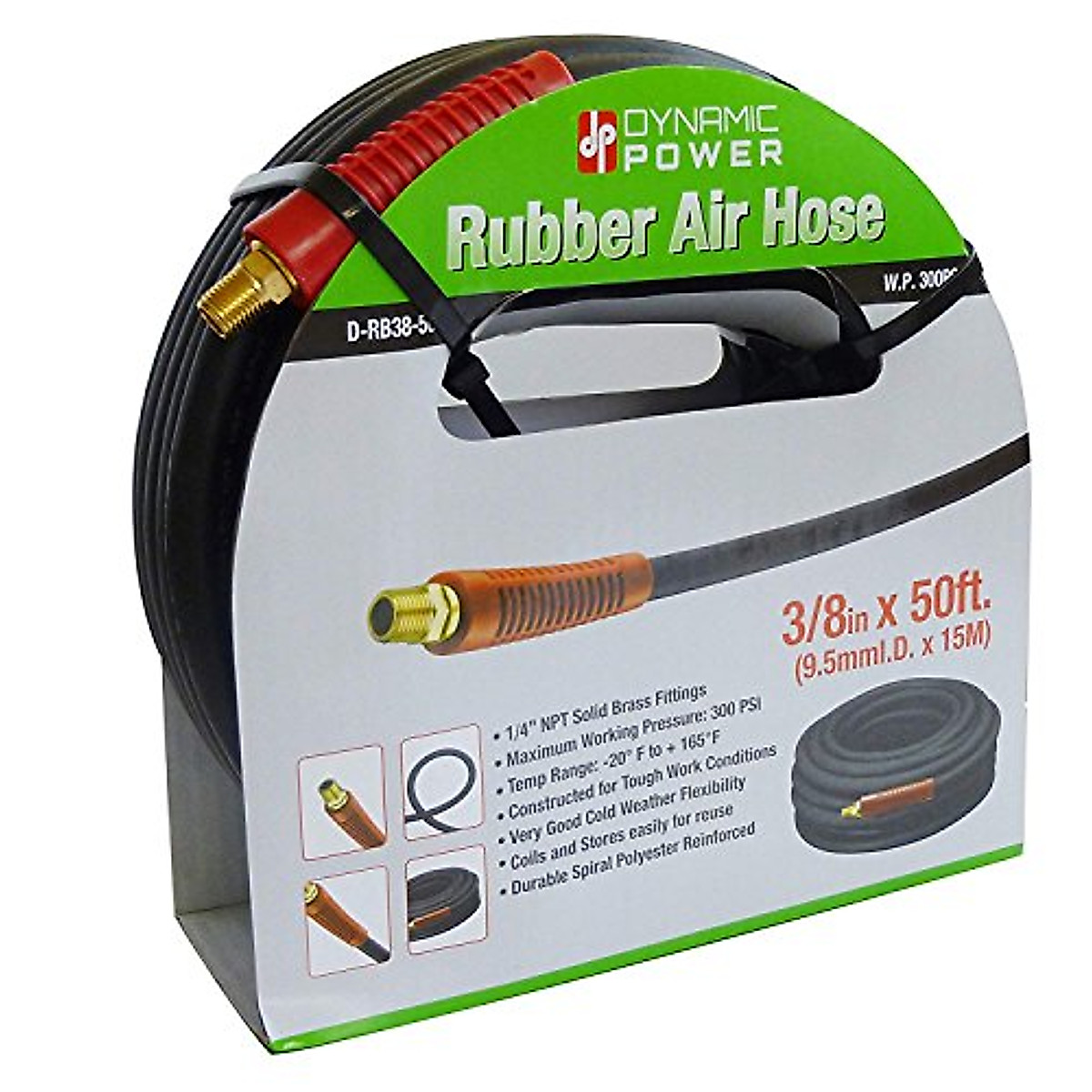 DP Dynamic Power Rubber Air Hose 3/8" x 50' 300 PSI Red/Black Assembly with 1/4" Male Pipe Thread Fittings & Bend Restictors (red)…