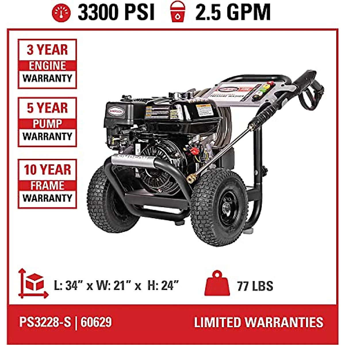SIMPSON Cleaning PS3228 PowerShot 3300 PSI Gas Pressure Washer, 2.5 GPM, Honda GX200 Engine, Includes Spray Gun and Extension Wand, 5 QC Nozzle Tips, 5/16-inch x 25-foot MorFlex Hose