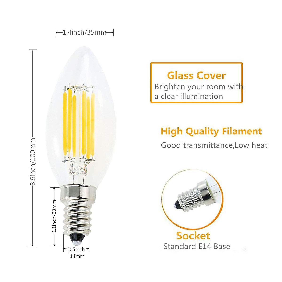 Lamsky E14 LED Filament Candle Shape Light Bulb,E14 European Base Bulb,Daylight 6000K 600LM 60W Equivalent,C35 Clear Glass Torpedo Shape Bullet Top,No-Dimmable (4-Pack)