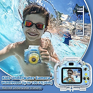 Miiulodi Kids Waterproof Camera - Birthday Gifts for 3 4 5 6 7 8 9 10 Year Old Boys 2 Inch IPS Screen Underwater Action Camera with 32 GB SD Card, Pool Toys for Kids Age 8-12 Blue