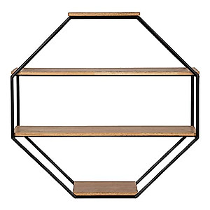 Kate and Laurel Lintz Farmhouse Octagon Wall Shelf, 24 x 24, Rustic Brown and Black, Modern 4-Tier Geometric Shelves for Wall