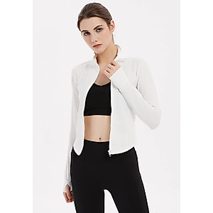 Gihuo Women's Athletic Full Zip Lightweight Workout Jacket Cropped Gym Yoga Track Jacket with Thumb Holes (White, Medium)