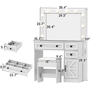 Pipleo Farmhouse Vanity Makeup Desk with Lighted Mirror, 35.4" Modern Vanity Desk Set with 3 Drawers and Power Outlet, 3 Lighting Modes Brightness Adjustable for Bedroom, Including Vanity Stool, White