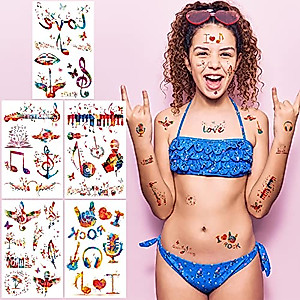 Konsait Music Notes Temporary Tattoos Creative Tattoos Stickers Red and Blue Music Notes Guitar Piano Music Feathers Fake Tattoos for Music Party Birthday Gift for Adults Music Favor
