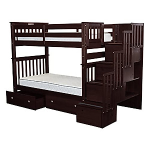 Bedz King Tall Stairway Bunk Beds Twin over Twin with 4 Drawers in the Steps and 2 Under Bed Drawers, Dark Cherry