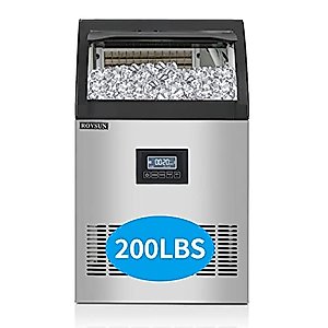ROVSUN 200lbs/24h Commercial Ice Maker, Freestanding Ice Machine with LED Control Panel & Storage Bin, Perfect for Restaurant Bar Cafe Home Office, Includes Scoop & Connection Hose