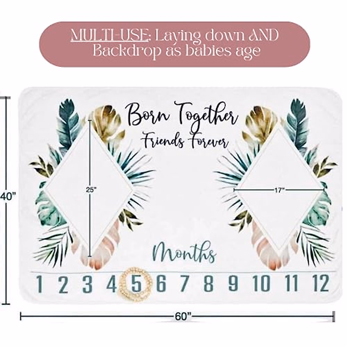 NovaaLife Twins Monthly Milestone Blanket with Boho Beads Frame & Proud Mom's Sticker - Unisex Twins Babies Essentials - 40 x 60 Large Flannel Blanket, Photography Backdrop Photo Prop for Boy & Girl