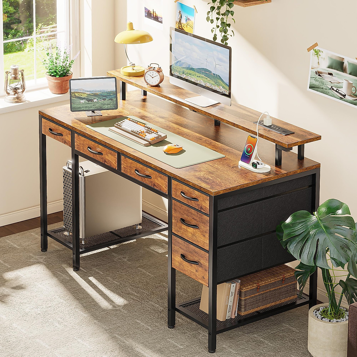 Huuger Computer Desk with Power Outlets and LED Lights, 47 Inch Gaming Desk with 6 Drawers, Office Desk with Monitor Stand, Writing Desk Work Desk, Mesh Shelves, Rustic Brown